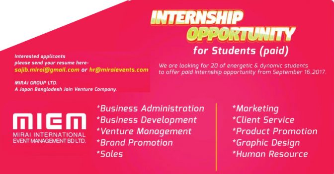 Paid Internship Opportunity 2017 at Mirai International Event Management Ltd - Bangladesh